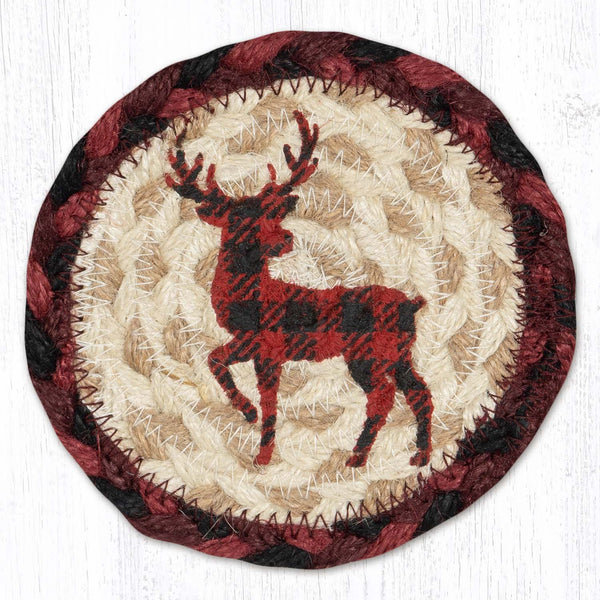 IC-864 Red Plaid Deer Individual Coaster | The Braided Rug Place