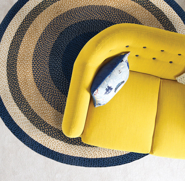 C-079 Light Blue, Dark Blue and Mustard Braided Rug | The Braided Rug Place